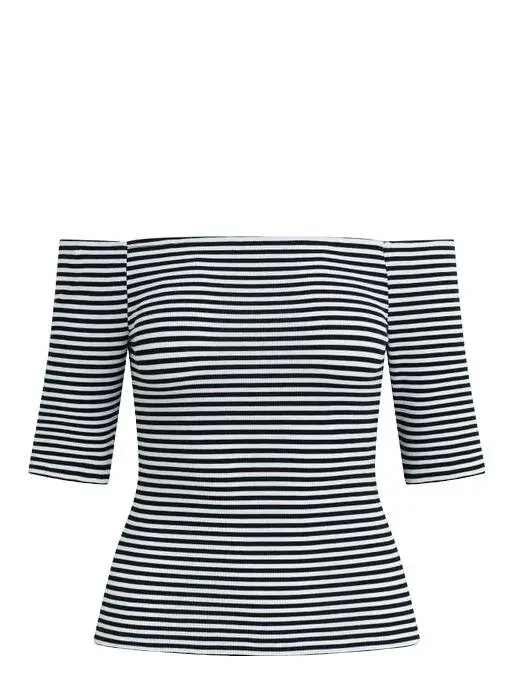 FAVORITE DAUGHTER Sara Off-the-shoulder Ribbed Top - Black/white Stripe