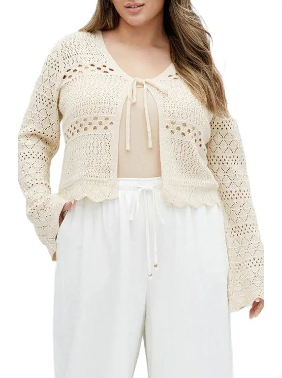 City Chic Tie Front Open Stitch Cardigan - Ivory