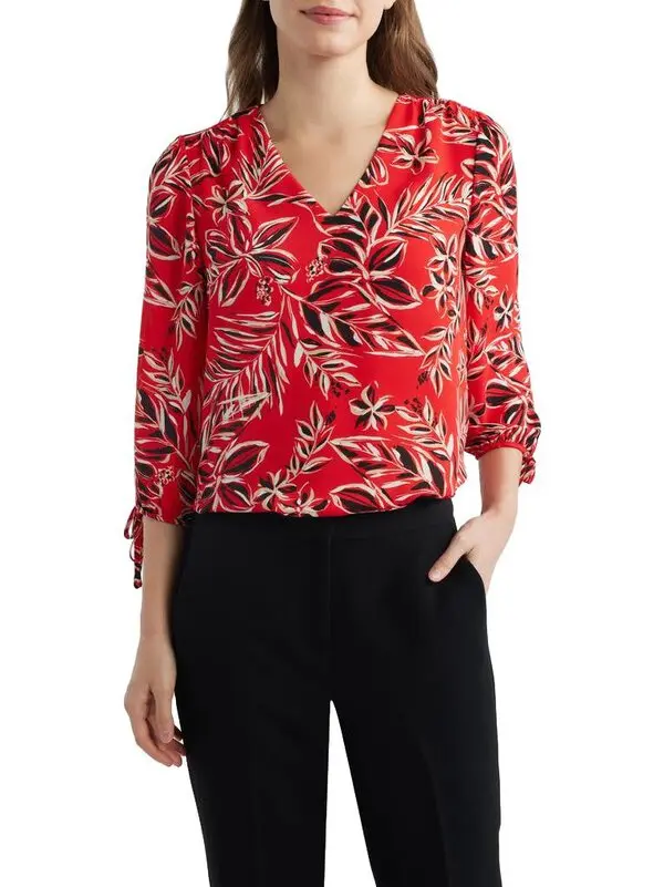 Anne Klein Floral Print Blouse - Begonia Red Mlt