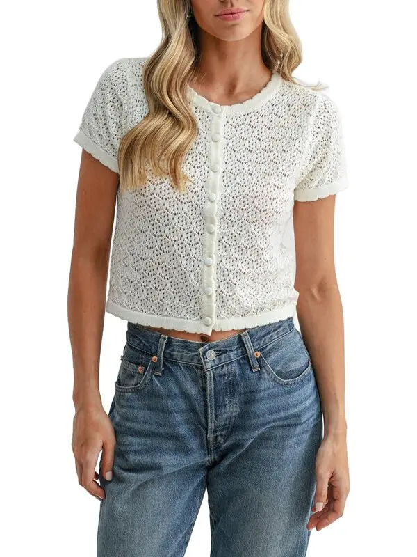ALL IN FAVOR Pointelle Knit Scalloped Button-up Shirt - Ivory