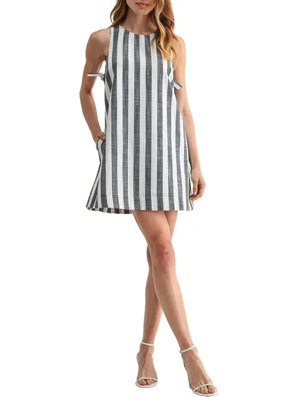 ALL IN FAVOR Striped Mini Dress With Side Ties - Ivory Navy