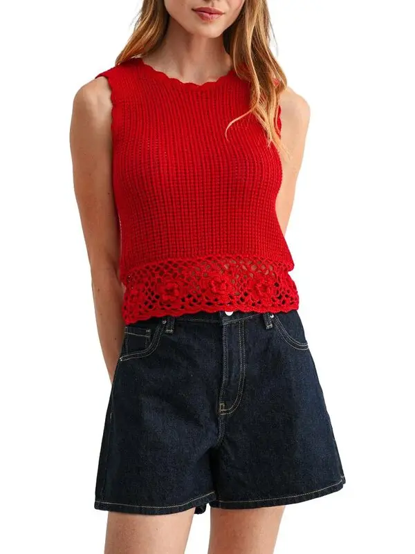 ALL IN FAVOR Knit Tank With 3d Flower Hem - Red