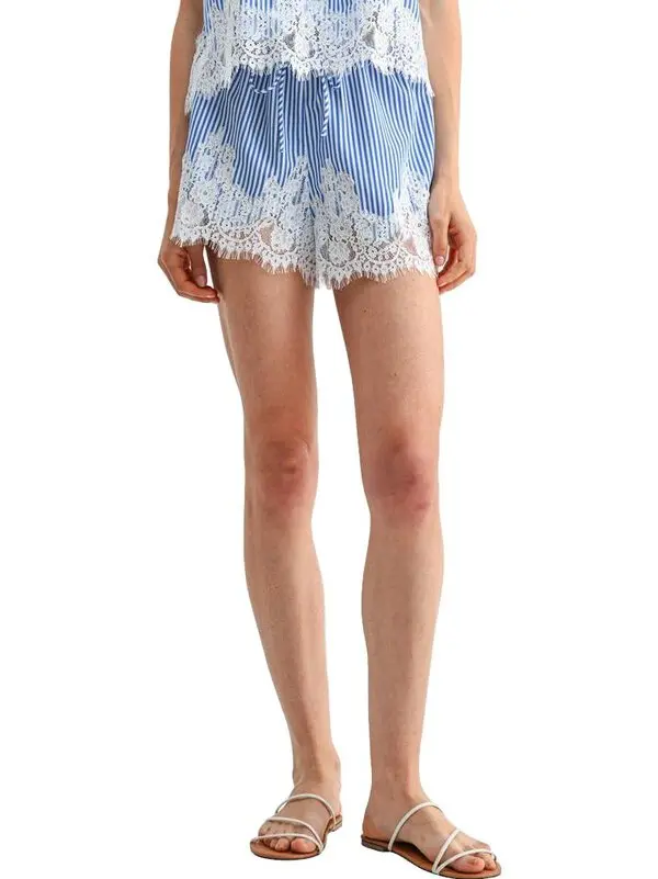 ALL IN FAVOR Striped Lace-hem Shorts - Blue Stripe