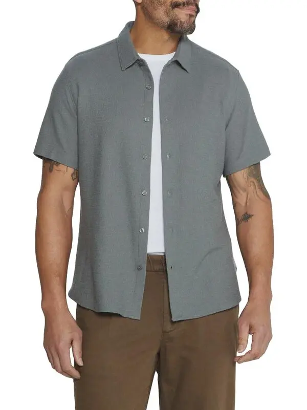7 Diamonds The Rowan Solid Short Sleeve Textured Cotton Blend Button-up Shirt - Basil