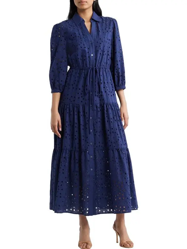 Julia Jordan Cotton Eyelet Maxi Shirtdress - Navy