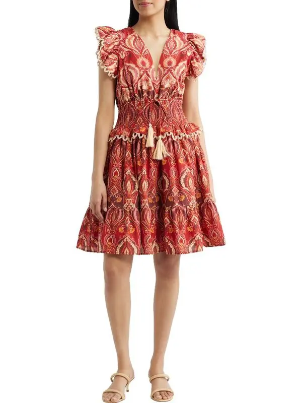 Julia Jordan Smocked Waist Ruffle Mini Dress - Red Multi