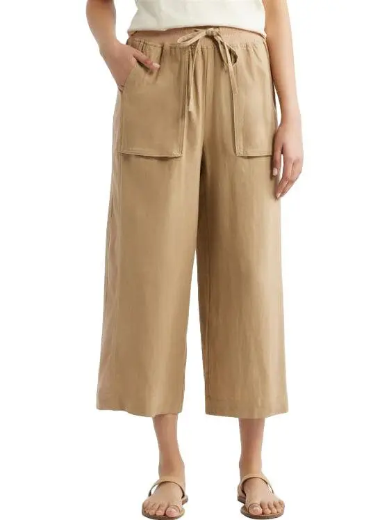 CITY BLUES Patch Pocket Drawstring Wide Leg Crop Pants - Burlap