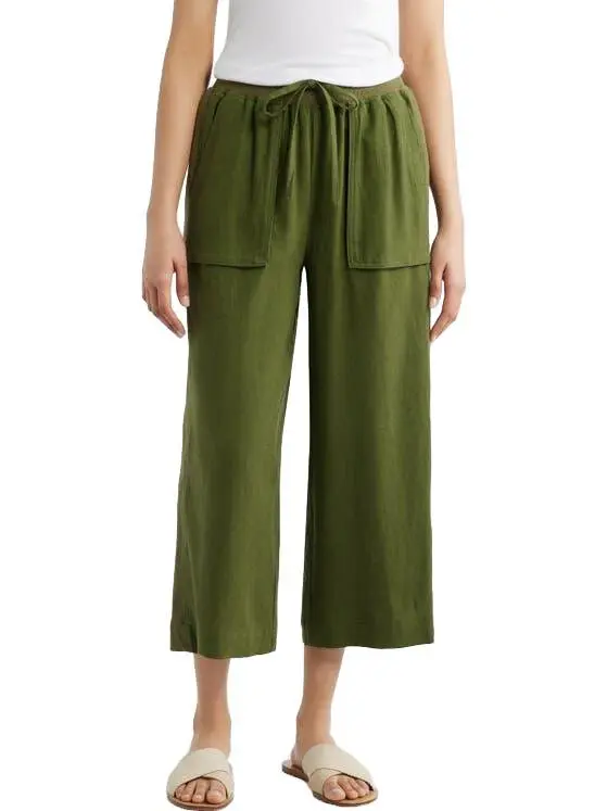 CITY BLUES Patch Pocket Drawstring Wide Leg Crop Pants - Pine