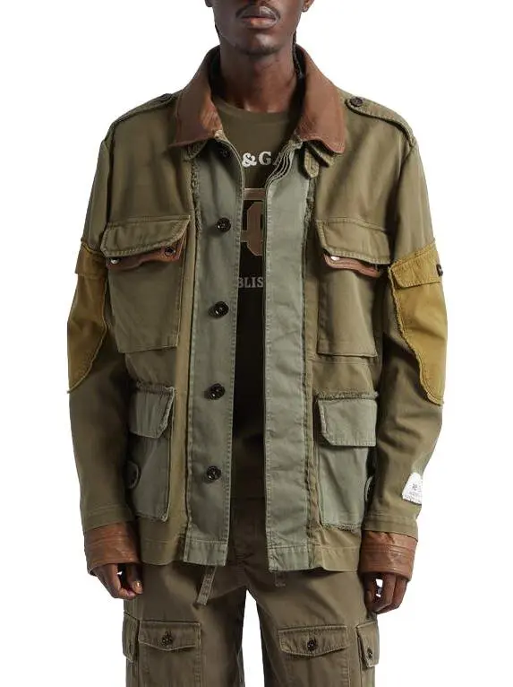 Dolce & Gabbana Leather Trimmed Cotton Patchwork Jacket - Marrone Scuro