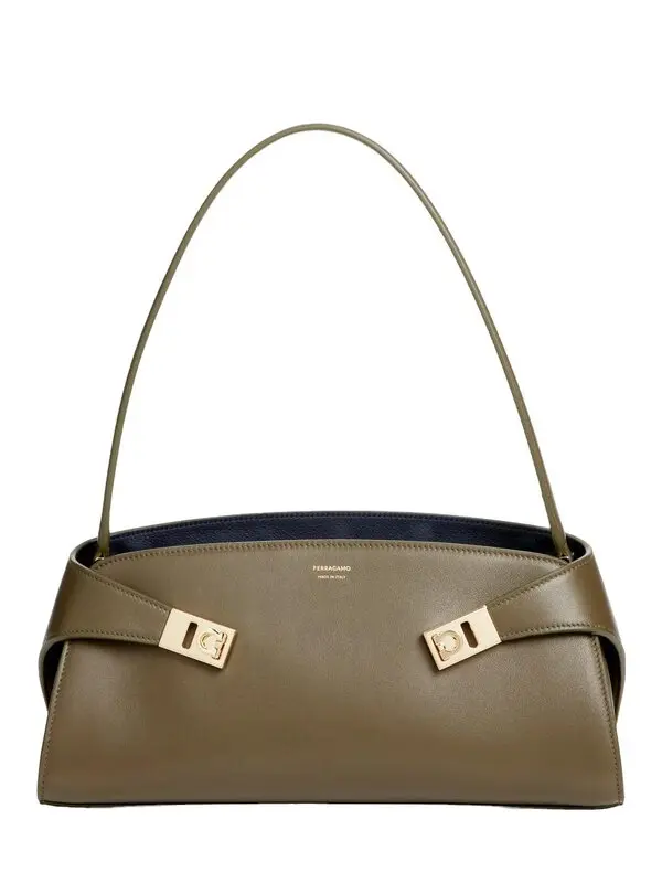 FERRAGAMO Hug Leather East/west Shoulder Bag - New Olive New Navy