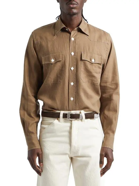 DRAKE'S Western Linen Button-up Shirt - Brown