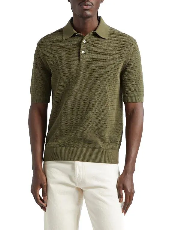DRAKE'S Cotton Mesh Polo Sweater - Olive