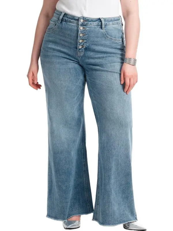 BAYEAS Mid Rise Wide Leg Jeans With Exposed Button Fly - Light Blue