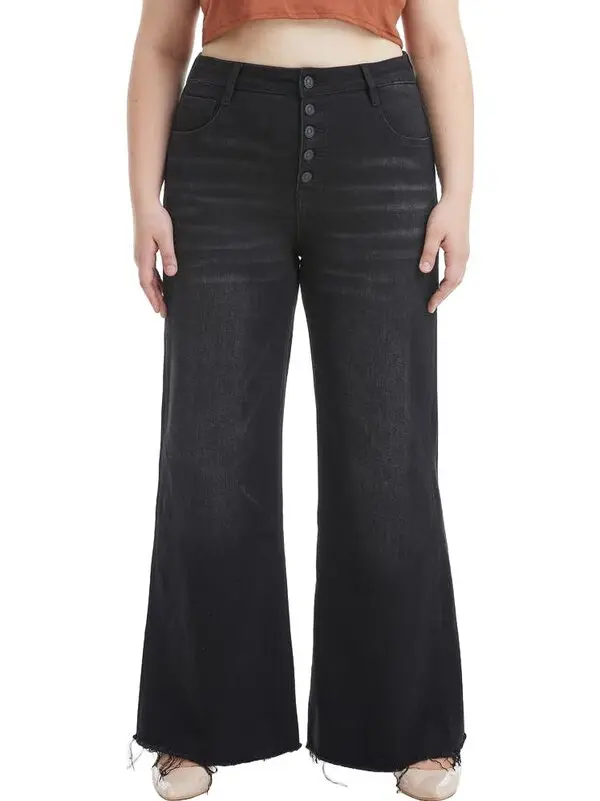 BAYEAS Mid Rise Wide Leg Jeans With Exposed Button Fly - Raven
