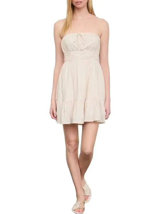 BLU PEPPER Strapless Striped Mini Dress With Ruffled Hem - Light Khaki