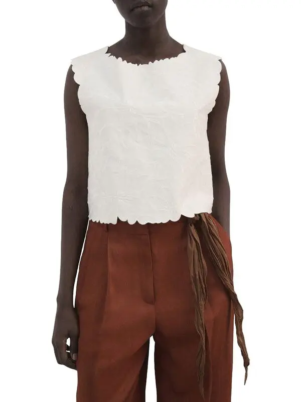 Mango Embroidered Cotton Blend Sleeveless Top - Off White