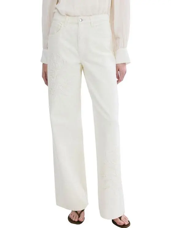 Mango Embroidered Straight Leg Jeans - Ecru
