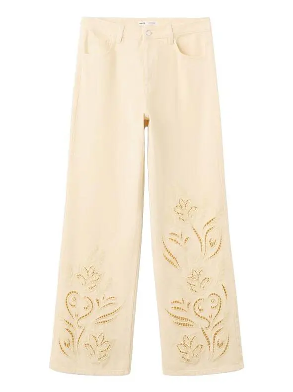 Mango Openwork Floral Straight Leg Jeans - Vanilla
