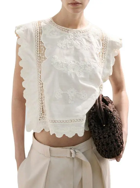 Mango Embroidered Scalloped Trim Crop Cotton Blend Top - Off White