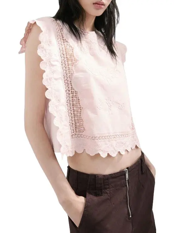 Mango Embroidered Scalloped Trim Crop Cotton Blend Top - Pastel Pink