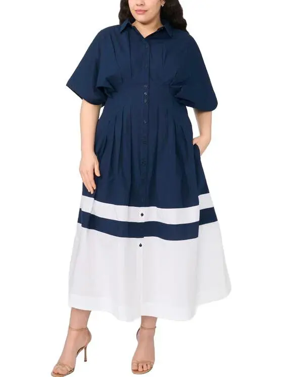 Halogen Pleated Combo Hem Cotton Maxi Shirtdress - Classic Navy
