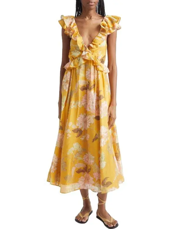 REISS Lucy Ruffle Midi Dress - Yellow
