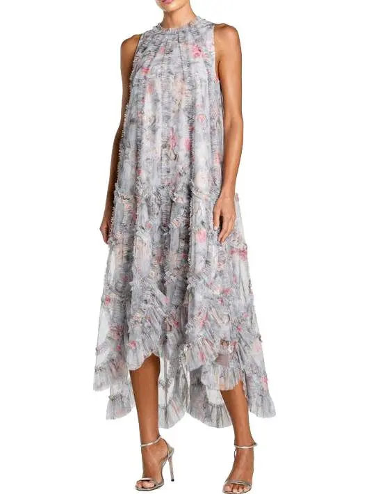 Mac Duggal Floral Ruffle High Neck Midi Dress - Pearl Grey