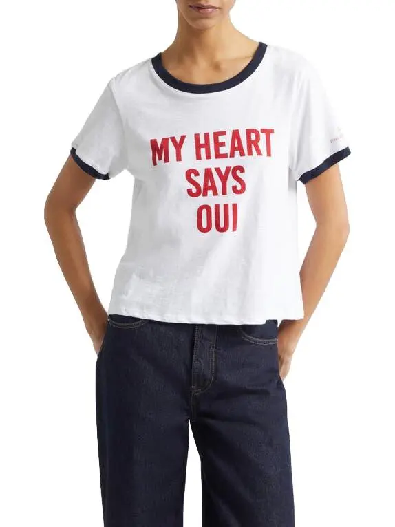 Cinq À Sept My Heart Says Oui" Shrunken Cotton Graphic T-shirt - White Multi