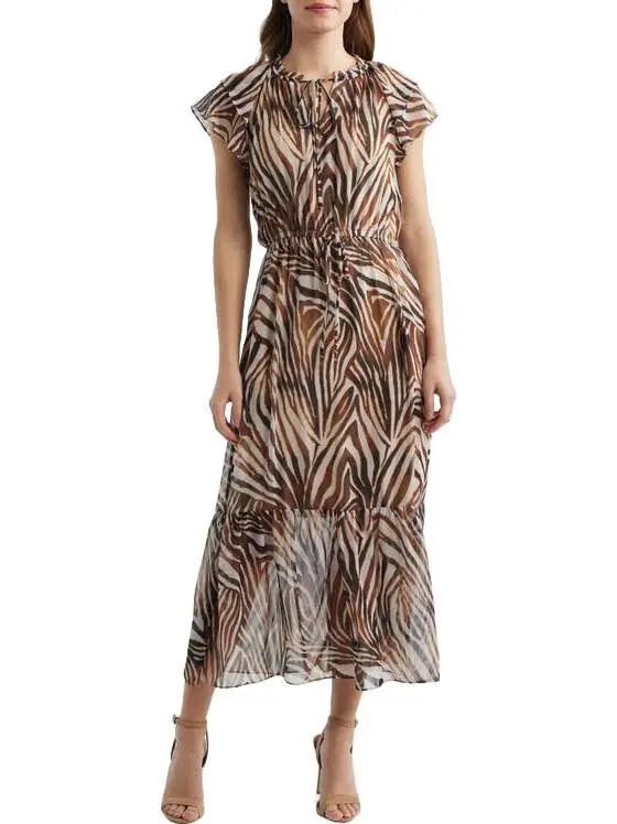 Julia Jordan Flutter Sleeve Zebra Print Midi Dress - Brown Multi