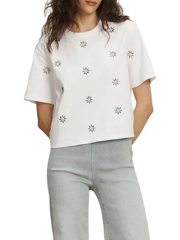 Veronica Beard Sebastian Floral Embellished Stretch Cotton T-shirt - White
