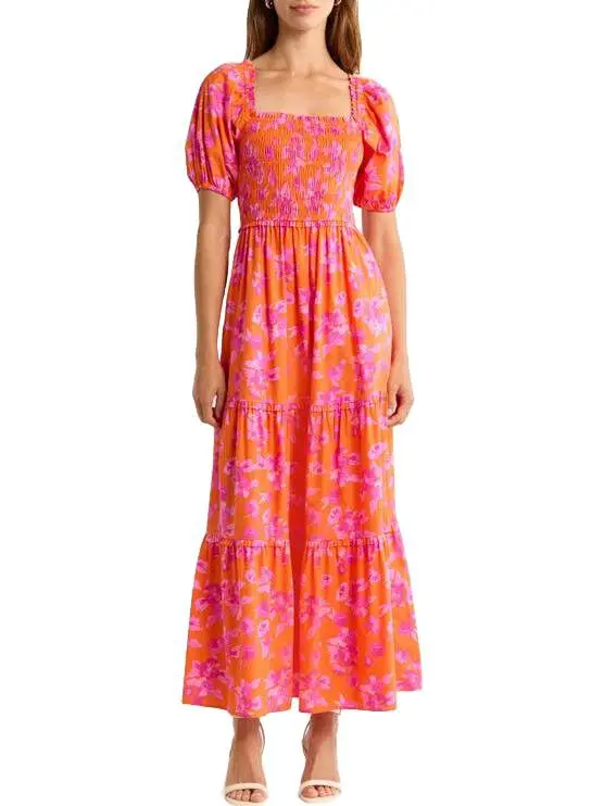 SUGARLIPS Cala Floral Tiered Cotton Maxi Dress - Orange-pinks-multi