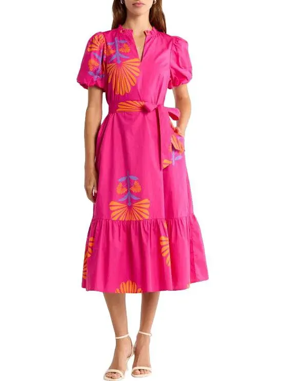 SUGARLIPS Melian Floral Tiered Cotton Midi Dress - Fuchsia-orange