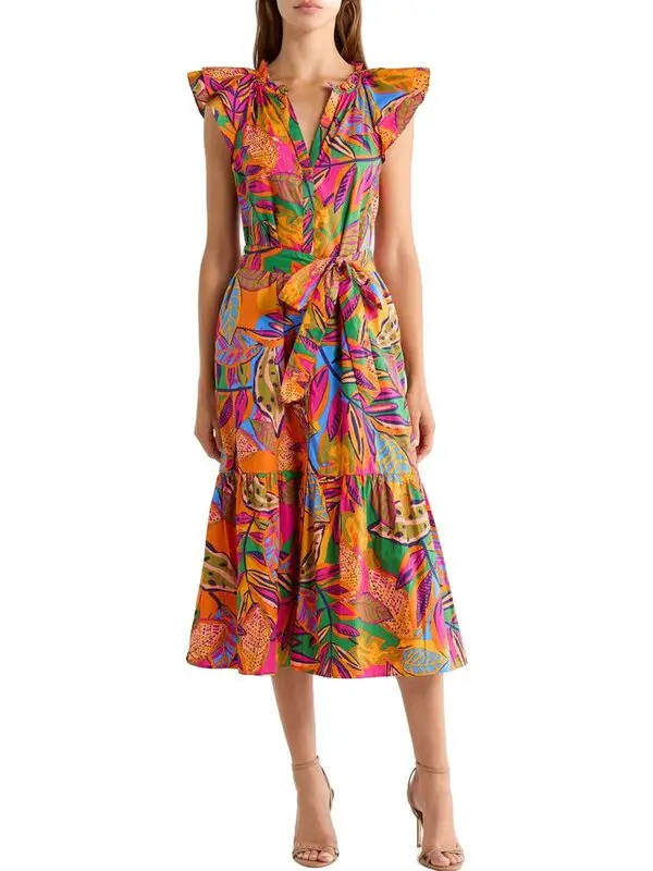 SUGARLIPS Milana Tropical Print Tiered Cotton Midi Dress - Orange-pinks-multi