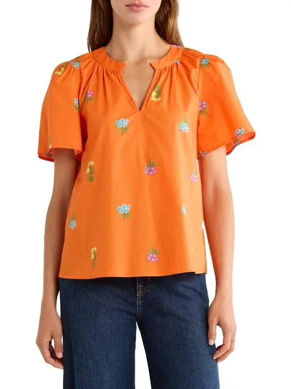 SUGARLIPS Floral Puff Sleeve Cotton Top - Orange-multi