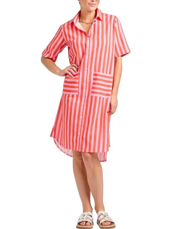 SHIRTY Striped Cotton Shirt Dress - Pink Papaya Stripe