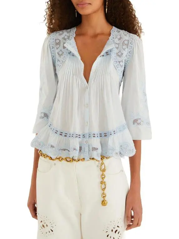 Farm Rio Richelieu Lace Panel Cotton Peplum Blouse - Blue
