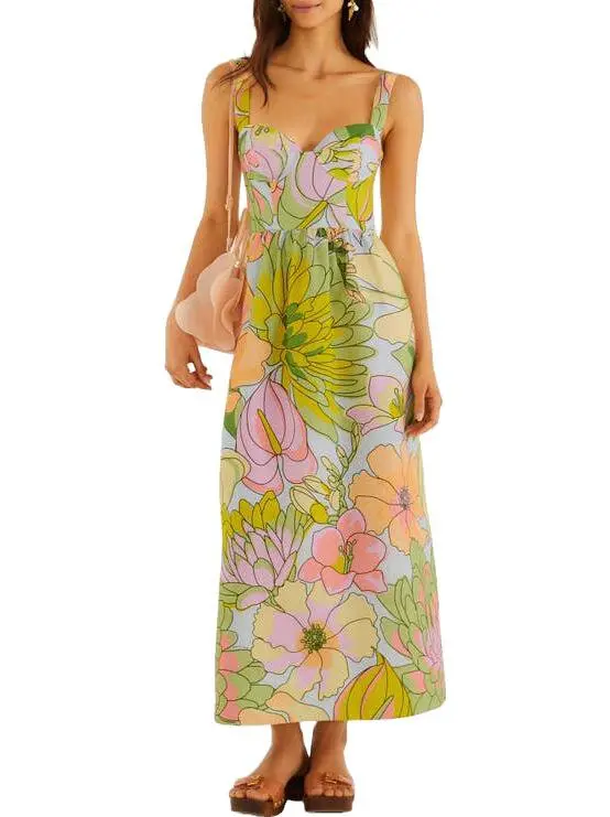 Farm Rio Spring Affair Floral Linen Maxi Dress - Green Multi