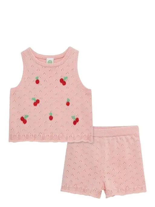 LITTLE ME Cherry Pointelle Knit Tank And Shorts Set - Pink