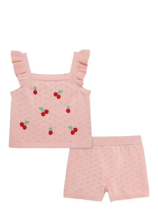 LITTLE ME Cherry Pointelle Knit Tank & Shorts Set - Pink