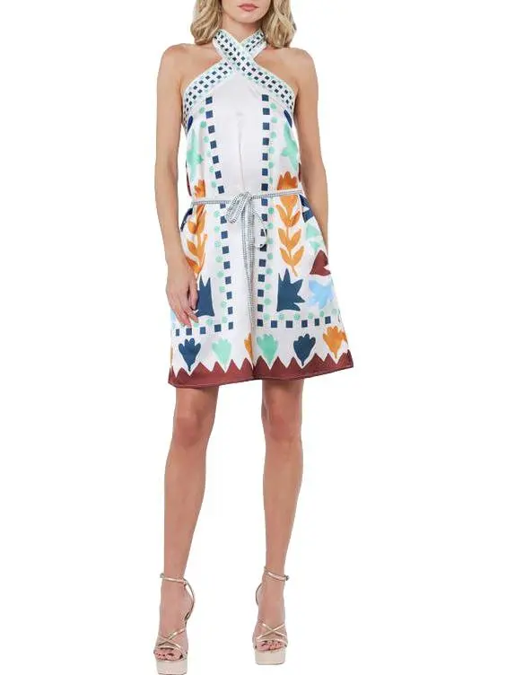 CIEBON Sleeveless Halterneck Tie Waist Dress With Geometric Print - White Multi