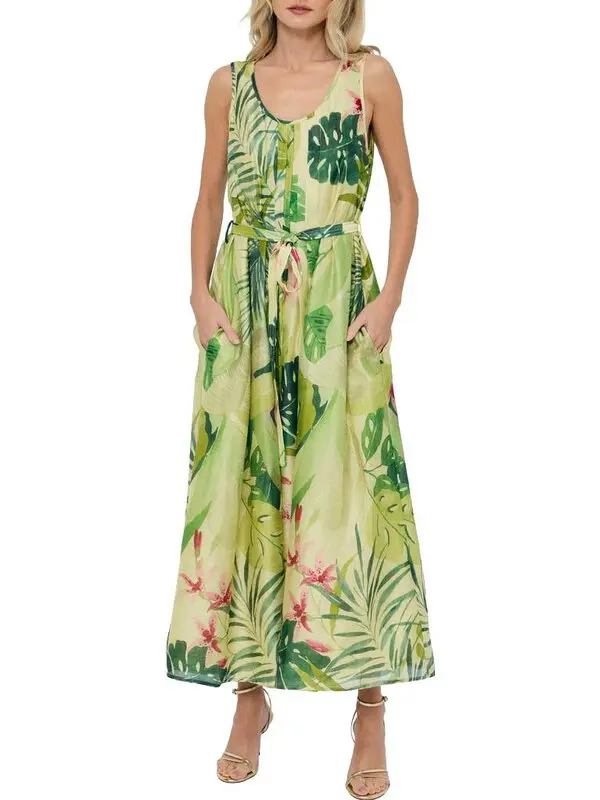 CIEBON Rowena Tie Waist Midi Dress - Citron Multi