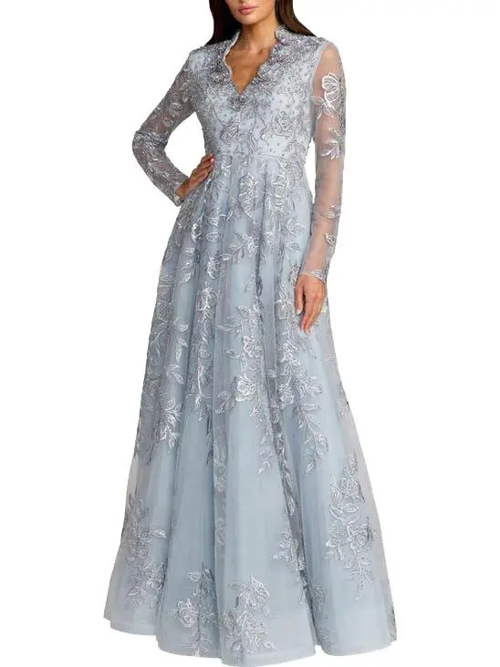 Mac Duggal Beaded Embroidered Mesh Long Sleeve A-line Gown - Slate Blue