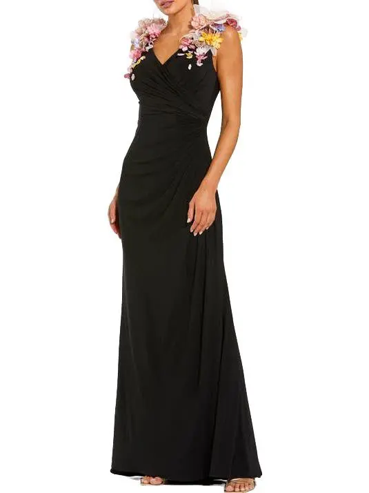 Mac Duggal Sleeveless V-neck Gown With 3d Floral Appliqu - Black Multi