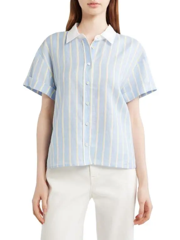 FRAME Linen Boardwalk Striped Shirt - Chambray Blue Multi