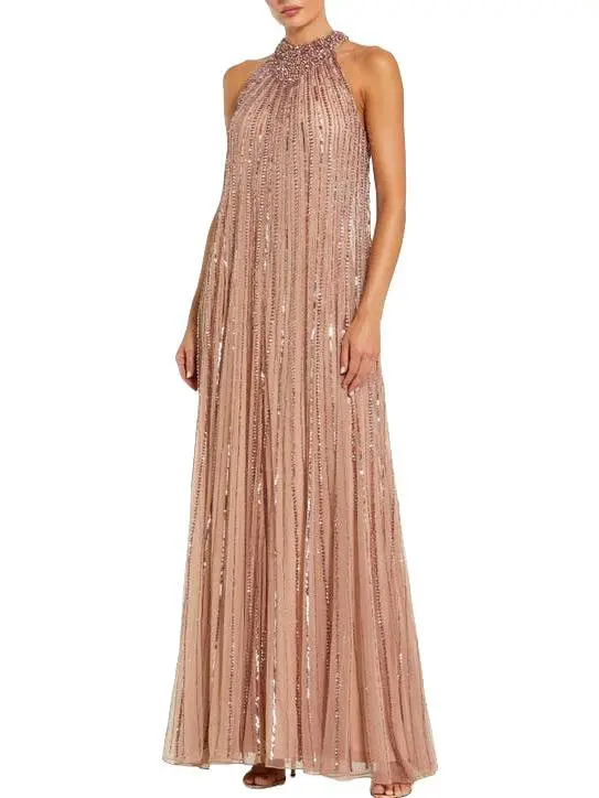 Mac Duggal Sleeveless Halter Neck Mesh Sequined Gown - Antique Rose
