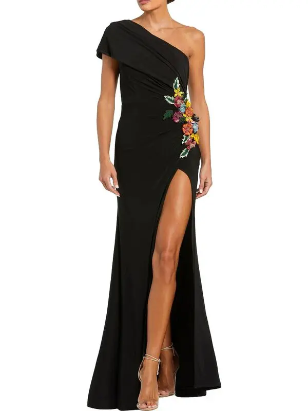Mac Duggal One Shoulder Jersey Gown With Beaded Floral Appliqué And High Slit - Black
