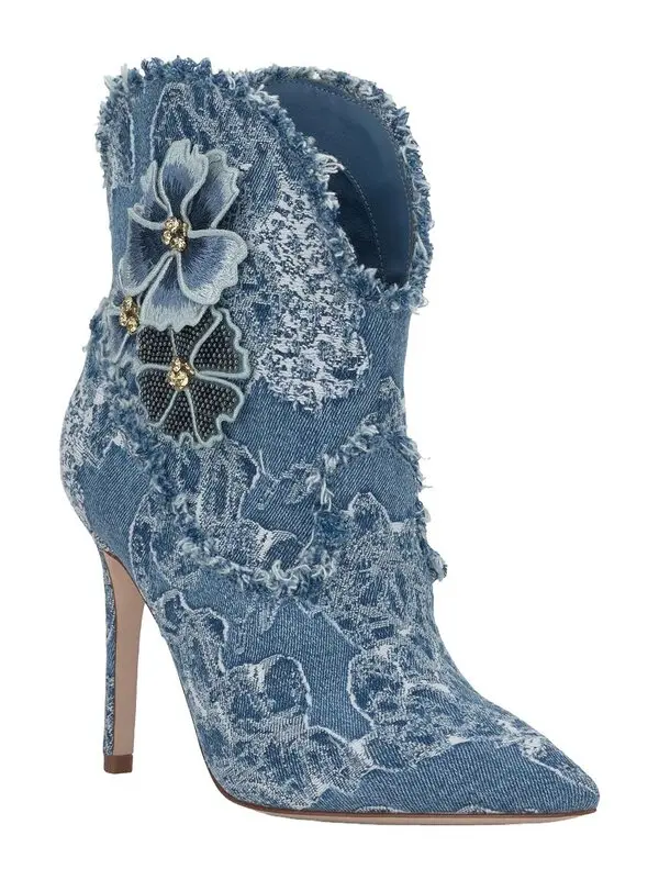 Jessica Simpson Pointed Toe Bootie With Floral Appliqués - Medium Blue