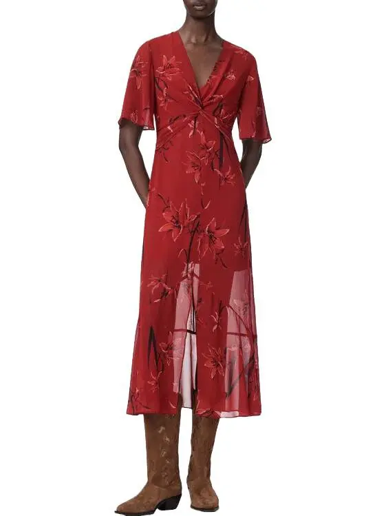 ALLSAINTS Mollie Twist Front Midi Dress - Petra Deep Red