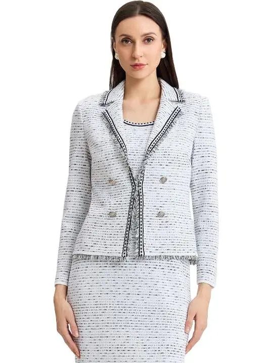 Ming Wang Heritage Eyelash Trim Lapel Collar Knit Jacket - White/indigo