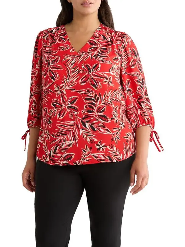 Anne Klein Floral Print Blouse - Begonia Red Mlt